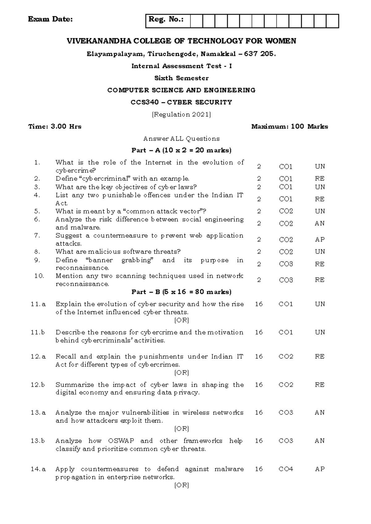 CCS340 IAT-1 Question Paper - Cyber Security Overview and Analysis ...