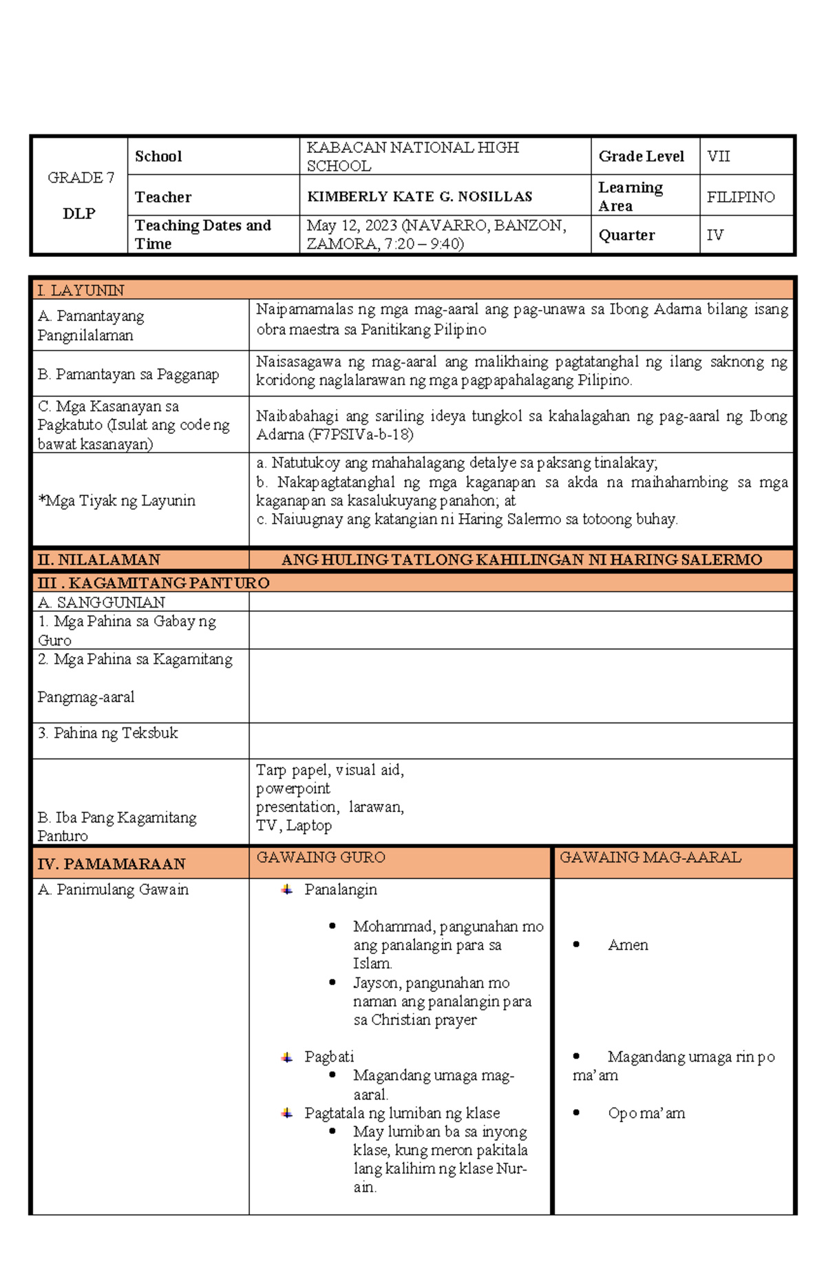 DLP - Grade 7 Filipino Lesson Plan (May 12) - Studocu