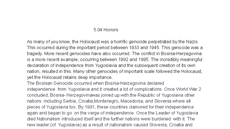 5.04 Honors - Comparative Analysis of the Holocaust and Bosnian ...