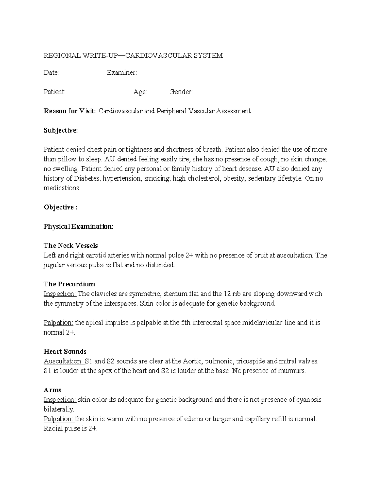 Regional Write-Up: Cardiovascular System Assessment Report - Studocu