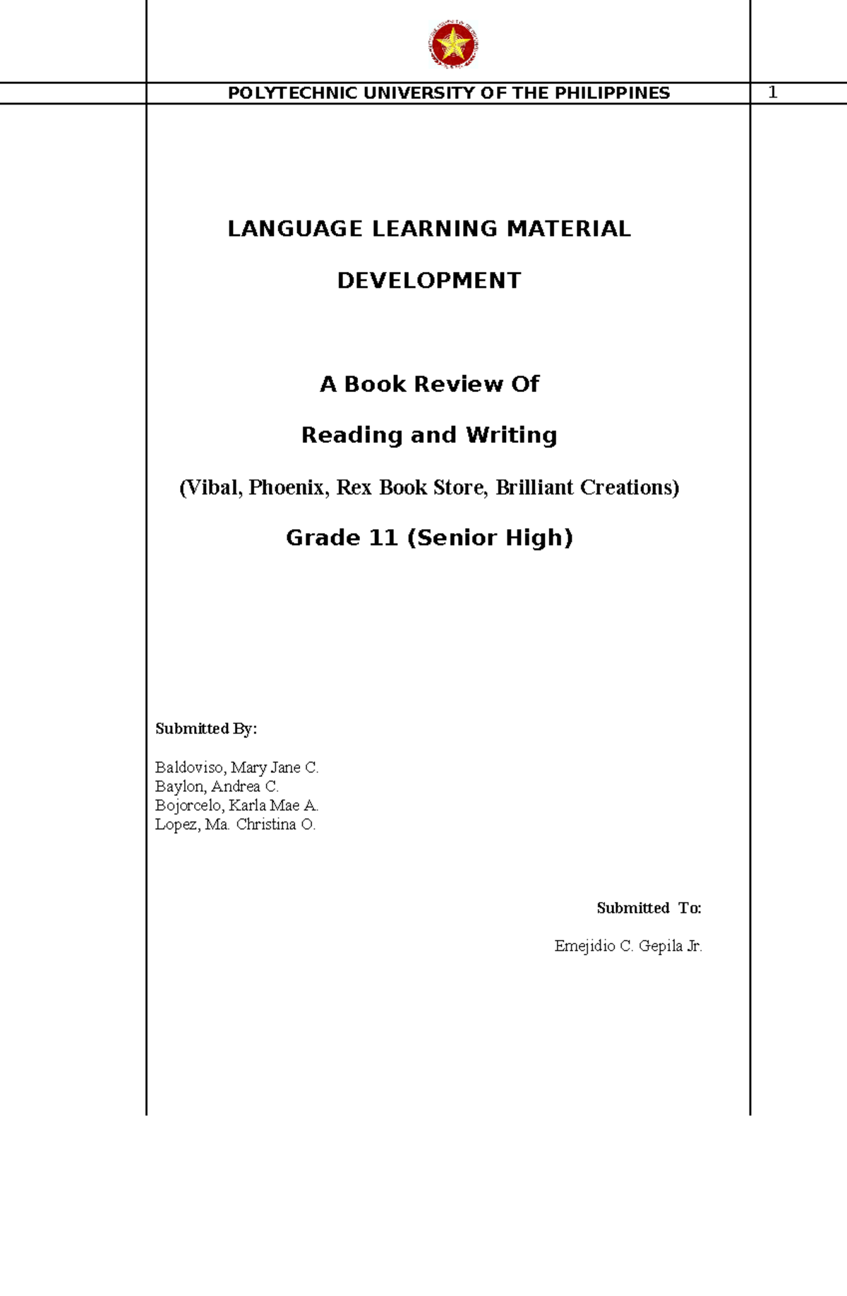 Reading And Writing Books Reviewed - POLYTECHNIC UNIVERSITY OF THE ...
