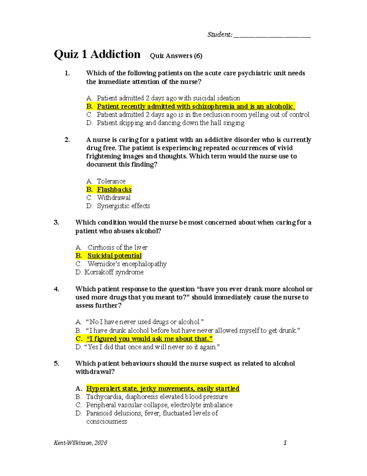 Addiction and Mental Health Practice Quiz Answers (Quizzes 1, 3, 6, 7 ...