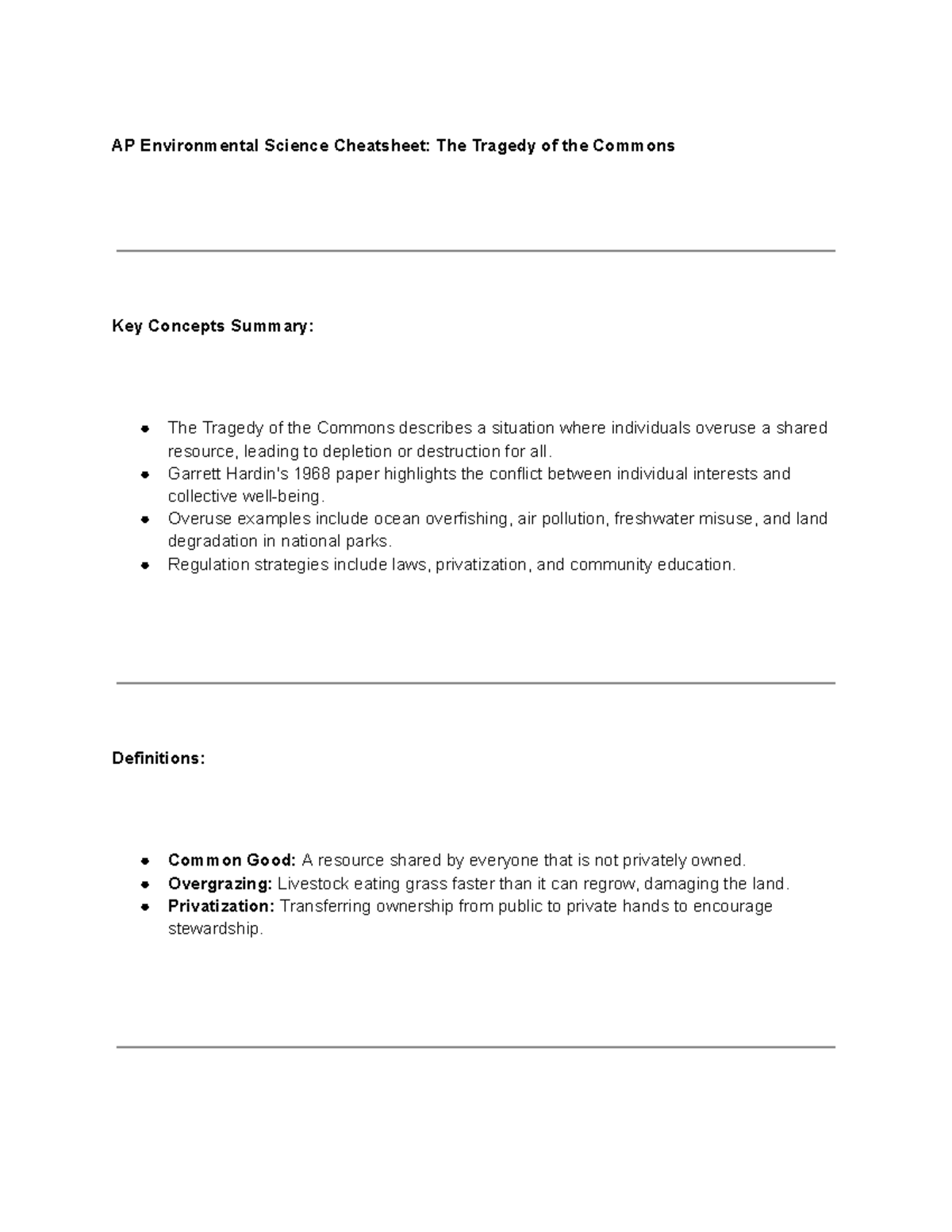 AP Environmental Science Unit 5.1: Tragedy of the Commons Cheatsheet ...