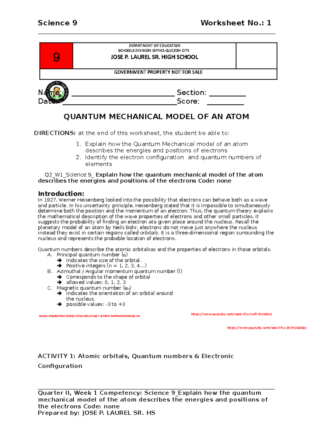 Science 9 Quarter II Worksheets: Quantum Mechanical Model WK1 - Studocu