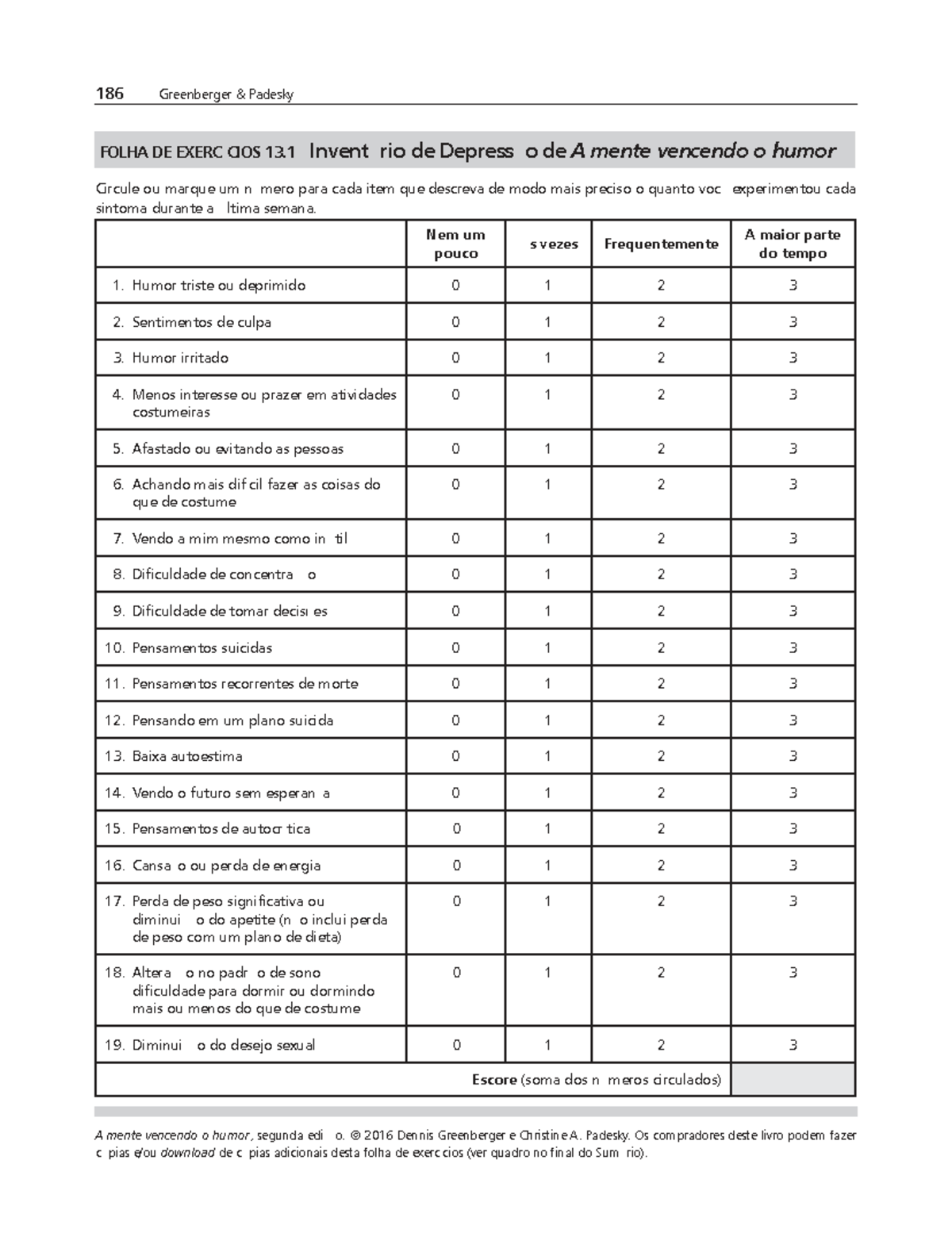 Folha de exercícios 13.1 do inventário de depressão - Greenberger e ...