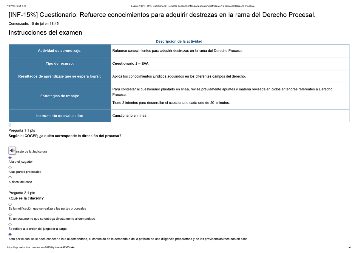 Examen [INF-15%] Cuestionario sobre Derecho Procesal: Refuerzo de ...