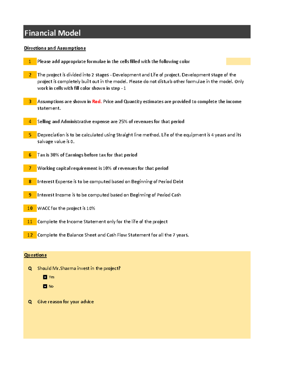 FM401 Financial Model Directions & Assumptions for Project Analysis ...