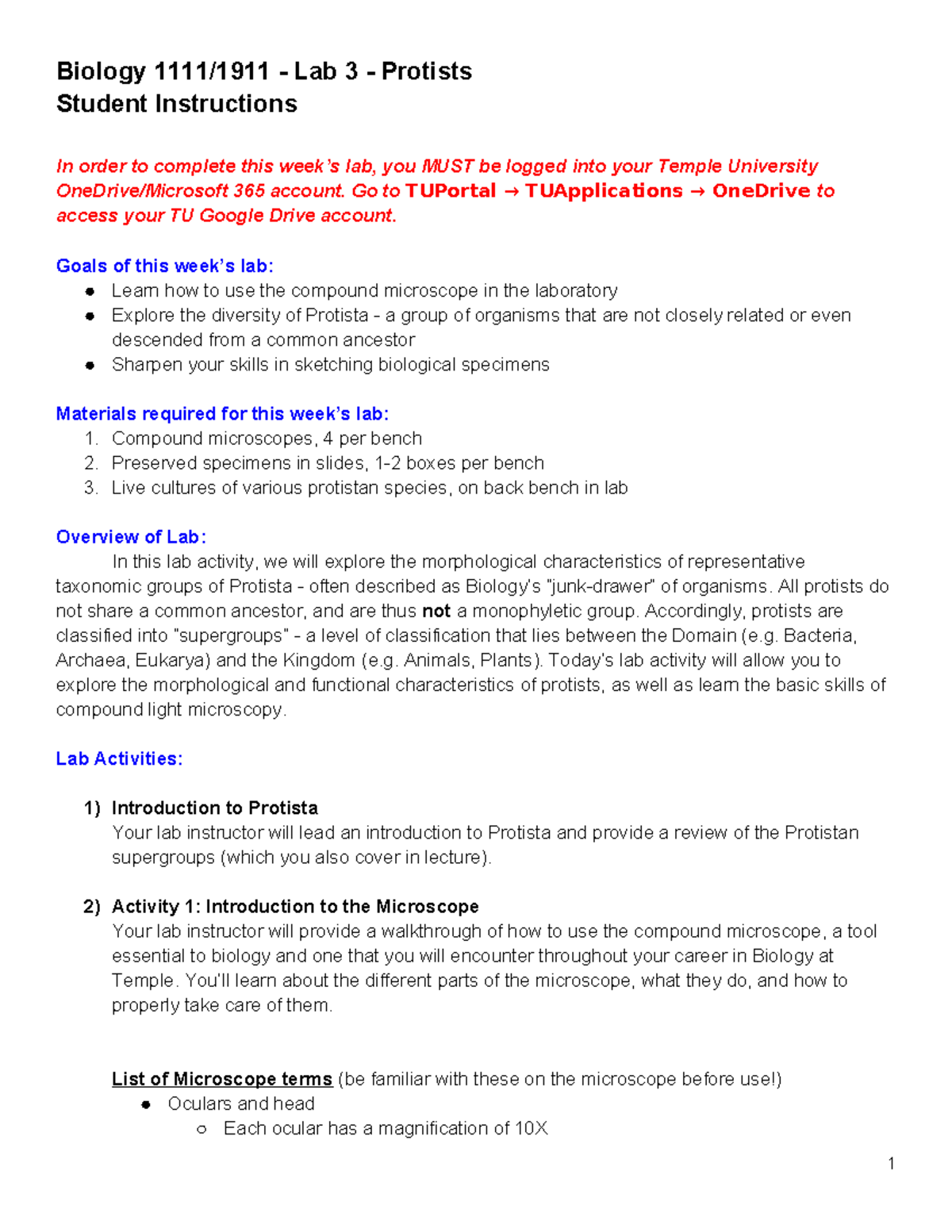 Lab 3 - Student Instructions - Microscopes & Protists - Biology 1111/ ...