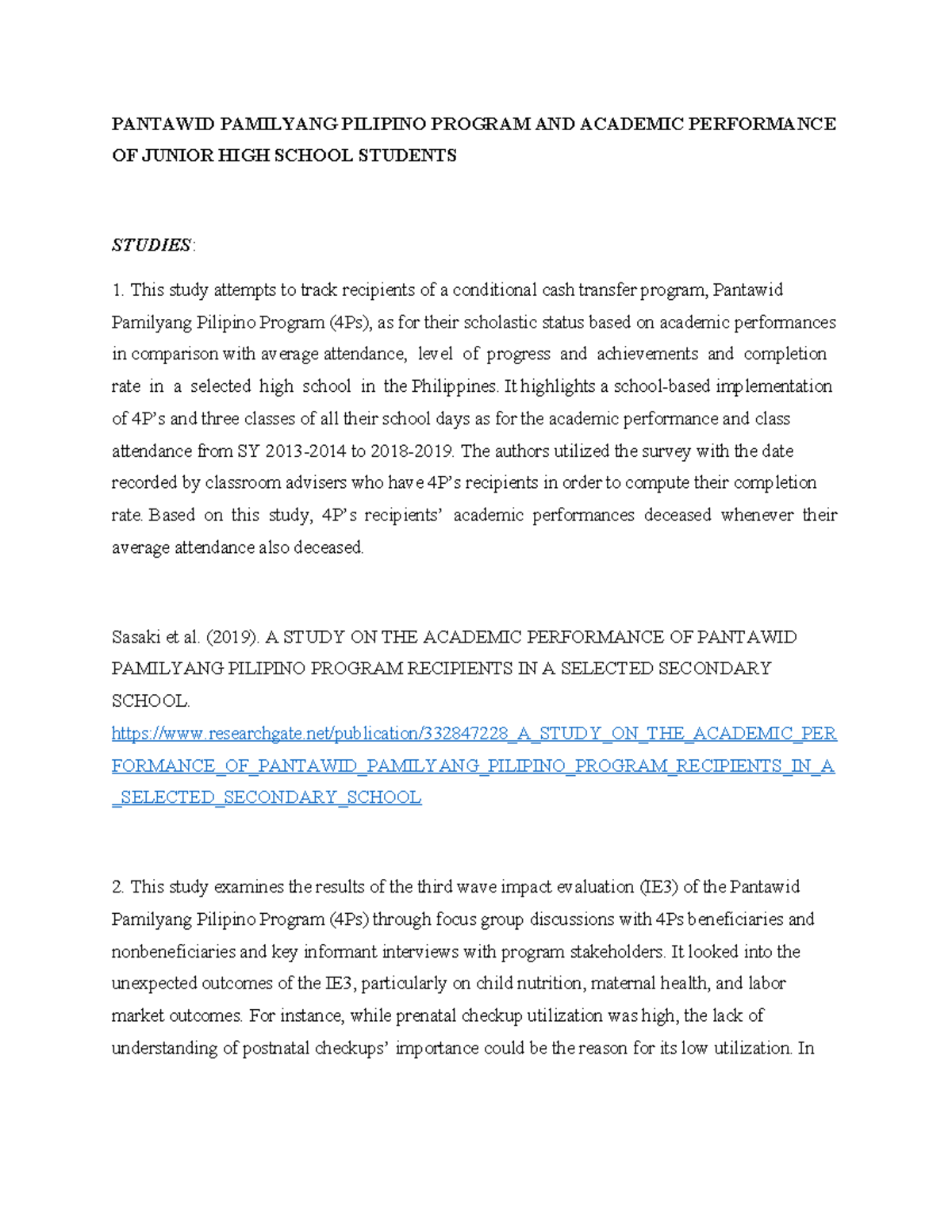 RRL on Pantawid Pamilyang Pilipino Program (4Ps) & Academic Performance - Studocu