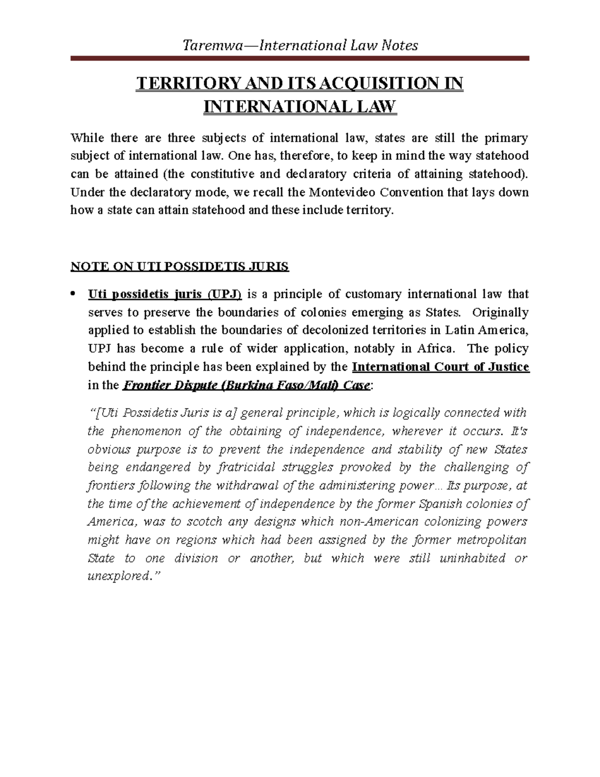 International Law: Understanding Territory Acquisition Methods - Studocu