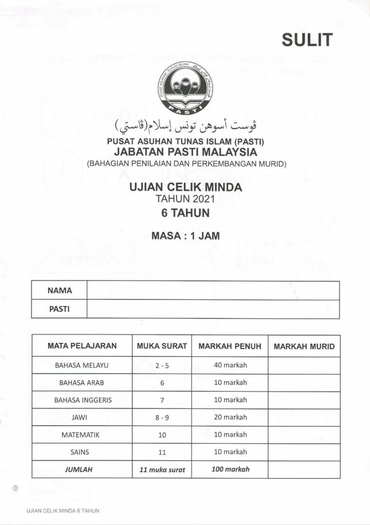Ujian Celik Minda 2021 - PASTI 6 Tahun - Studocu