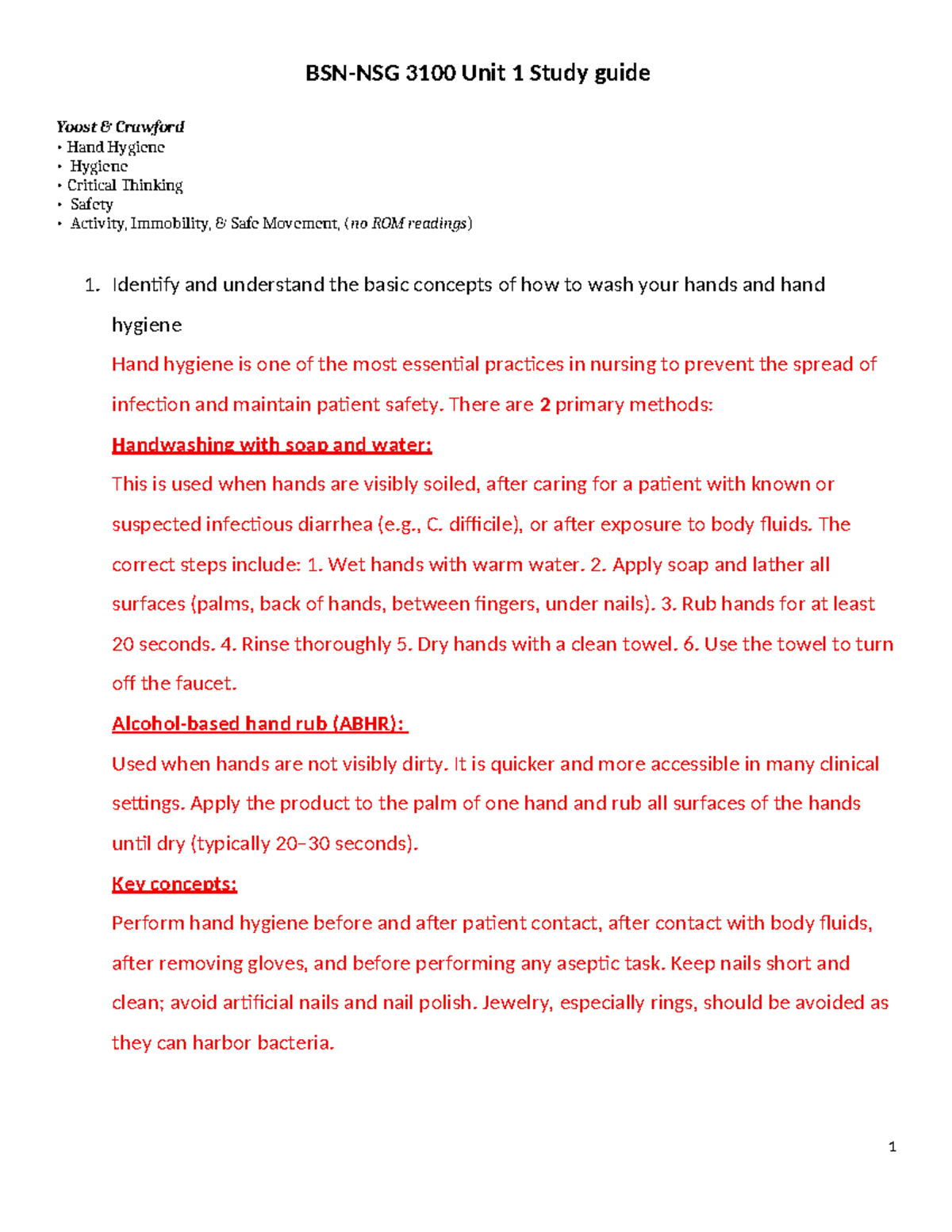 BSN NSG 3100 Unit 1 Study Guide: Hand Hygiene & Patient Safety - Studocu