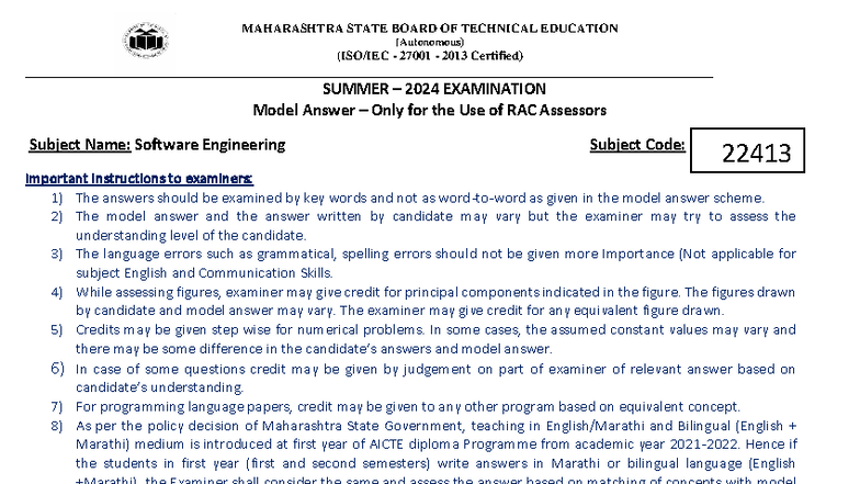 S24-22413 - Software Engineering Model Answers for Summer 2024 Exam ...