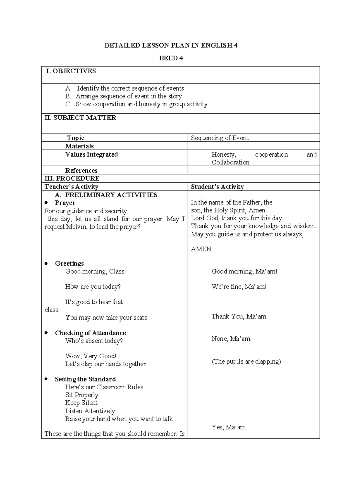 Lesson Plan: Sequencing of Events for BEED 4 Students - Studocu