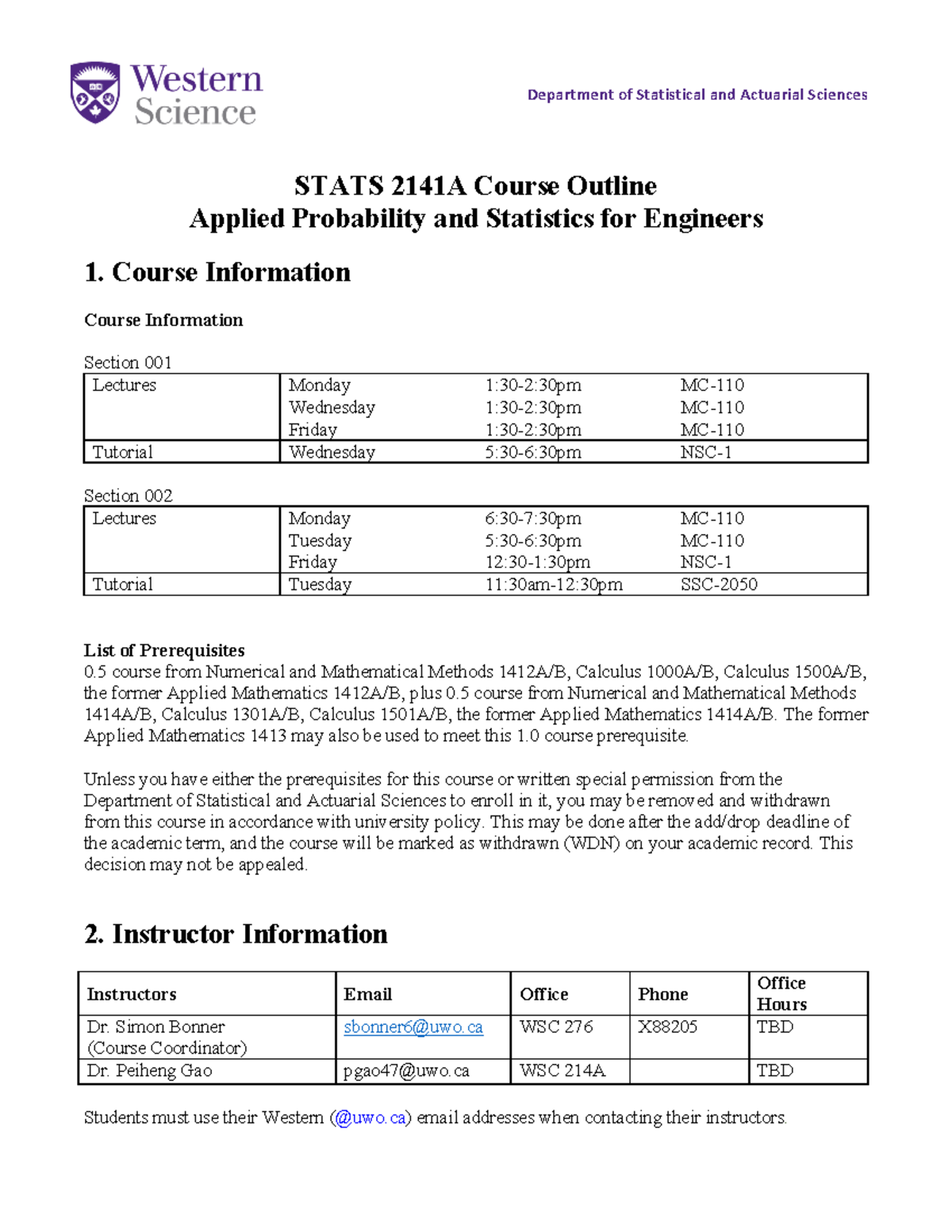 STATS 2141A Course Outline: Applied Probability & Statistics for ...