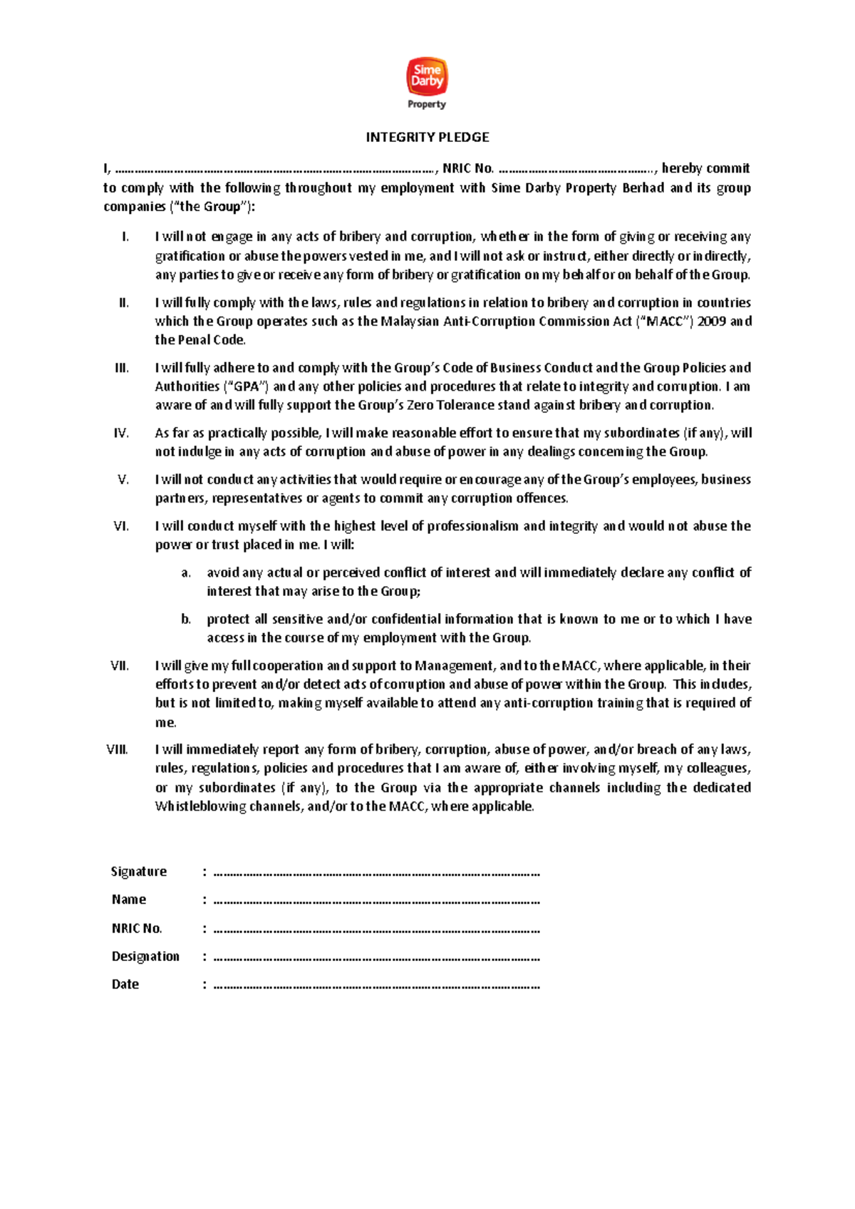 Employee Integrity Pledge (Eng) May 2020 - INTEGRITY PLEDGE I, - Studocu