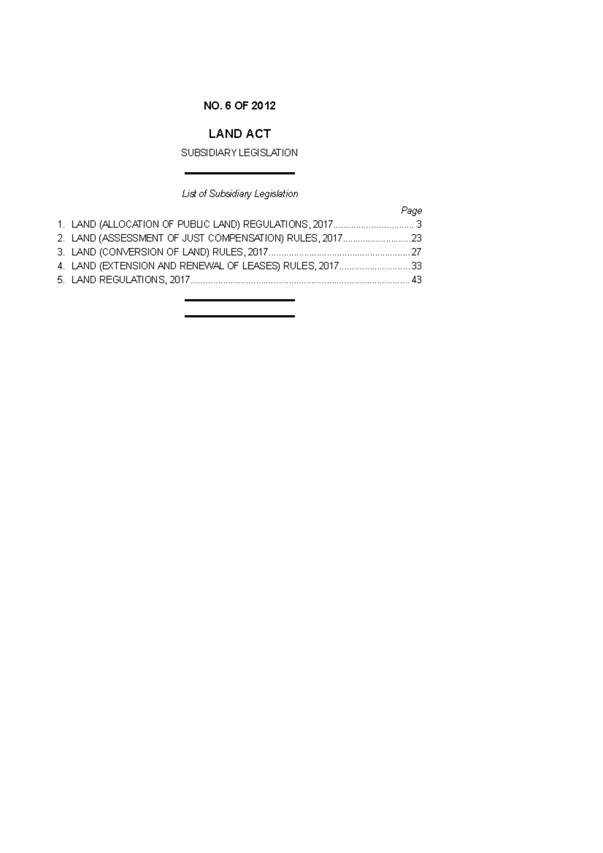 Land Act No. 6 of 2012: Subsidiary Legislation Overview - Studocu