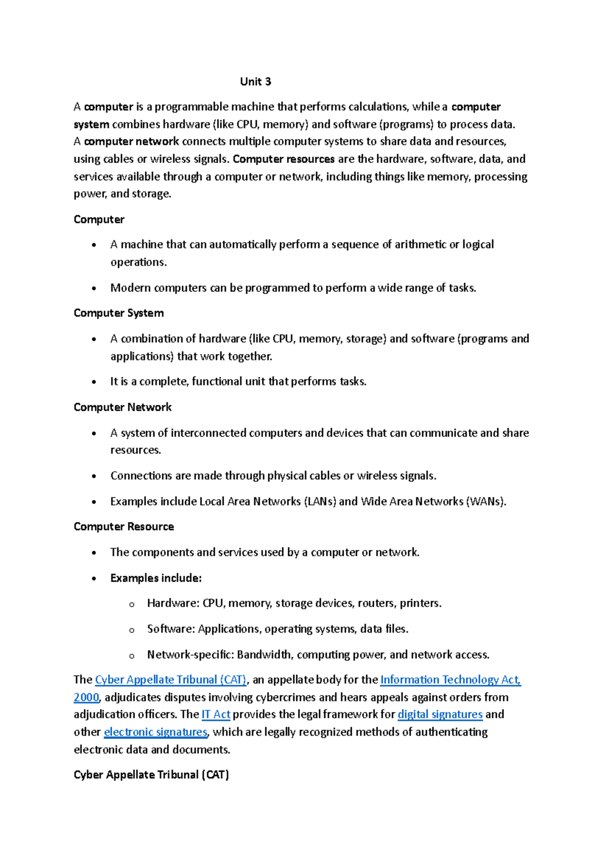 Unit 3: Overview of Computer Systems, Networks, and the IT Act - Studocu