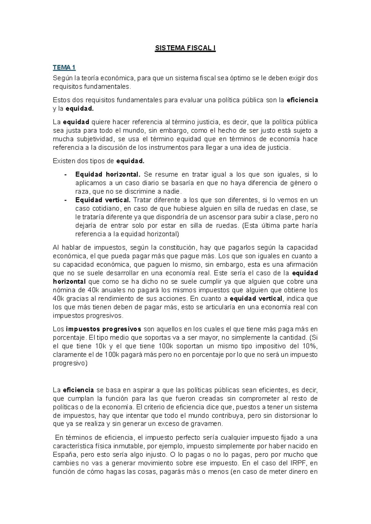 SISTEMA FISCAL I: TEMA 1 - Eficiencia y Equidad en la Fiscalidad - Studocu