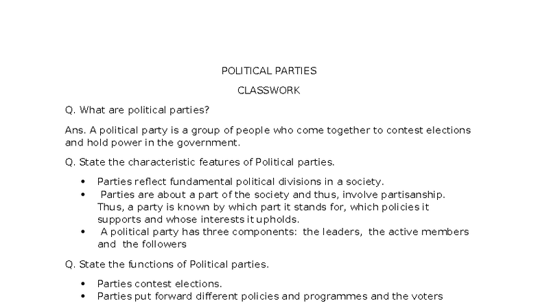 POLITICAL PARTIES CLASSWORK: Key Concepts and Functions - Studocu