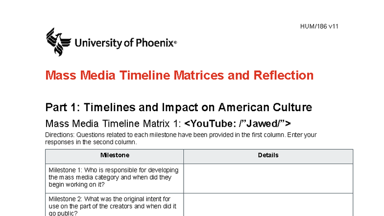 Hum186 v11 Week 4 Mass Media Timeline Matrices & Reflection - Studocu