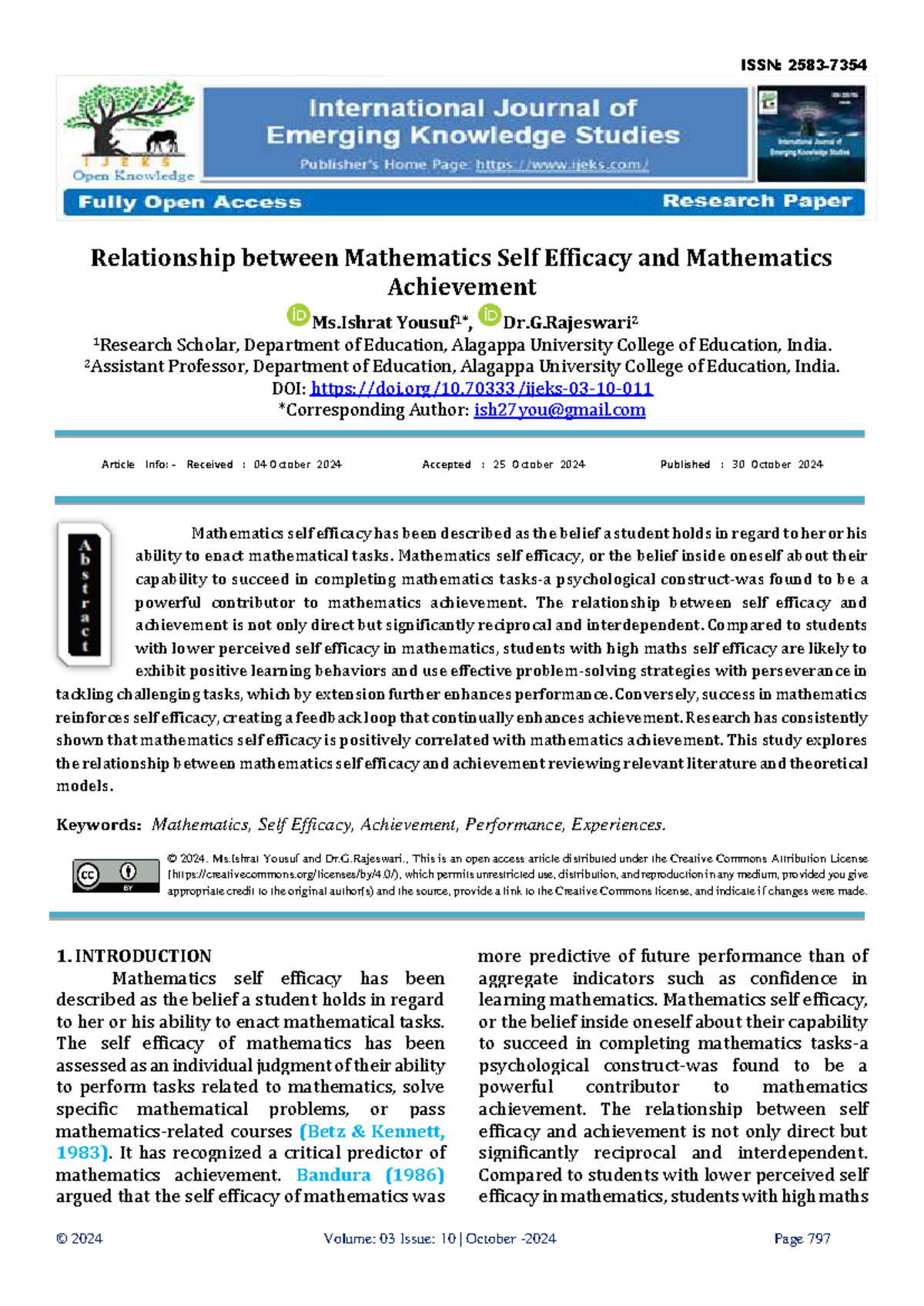 Relationship between Mathematics Self-Efficacy and Achievement: A Study ...
