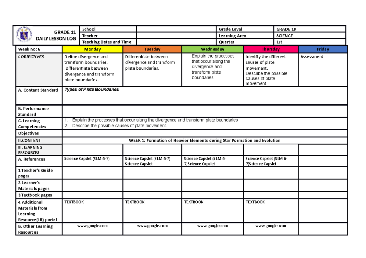 DLL Week 6 - Grade 10 Science: Plate Boundaries & Movements - Studocu