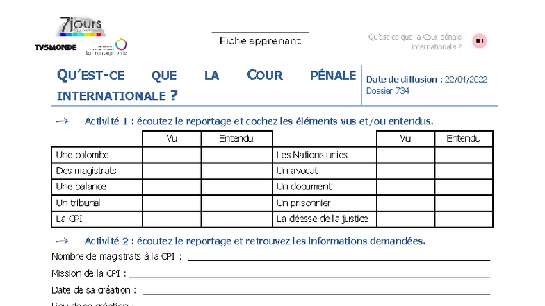 Infographie sur la Cour Pénale Internationale (CPI) - Activités B1 ...