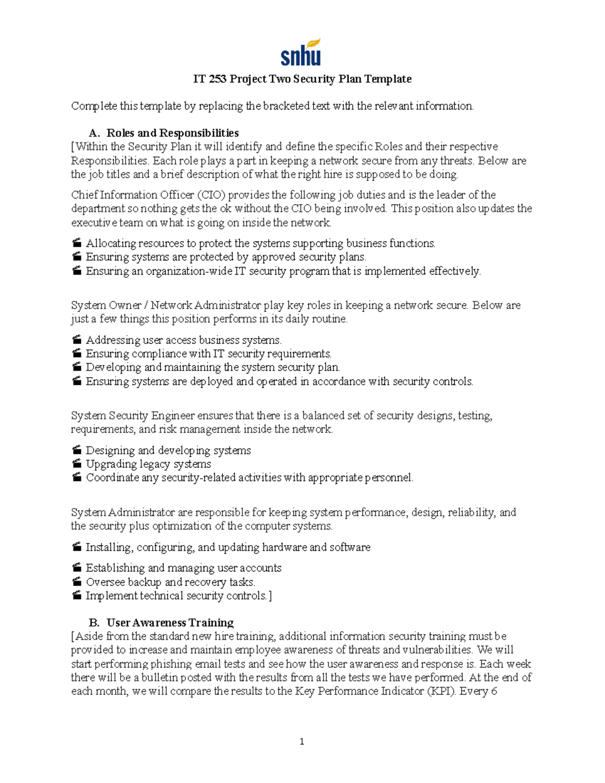 IT 253 Project Two Complete Security Plan Template Guide - Studocu