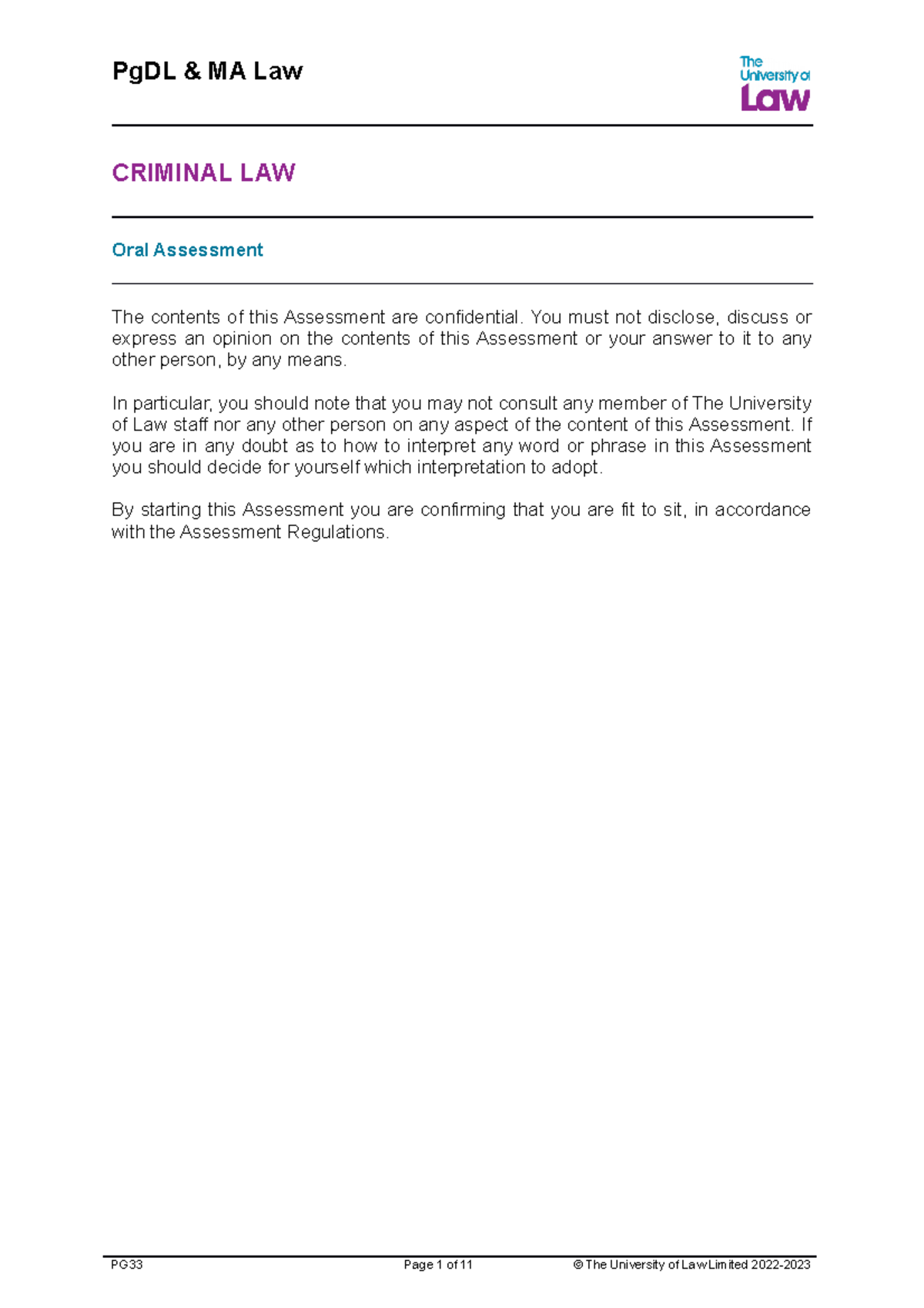 Criminal LAW Assessment - CRIMINAL LAW Oral Assessment The contents of ...
