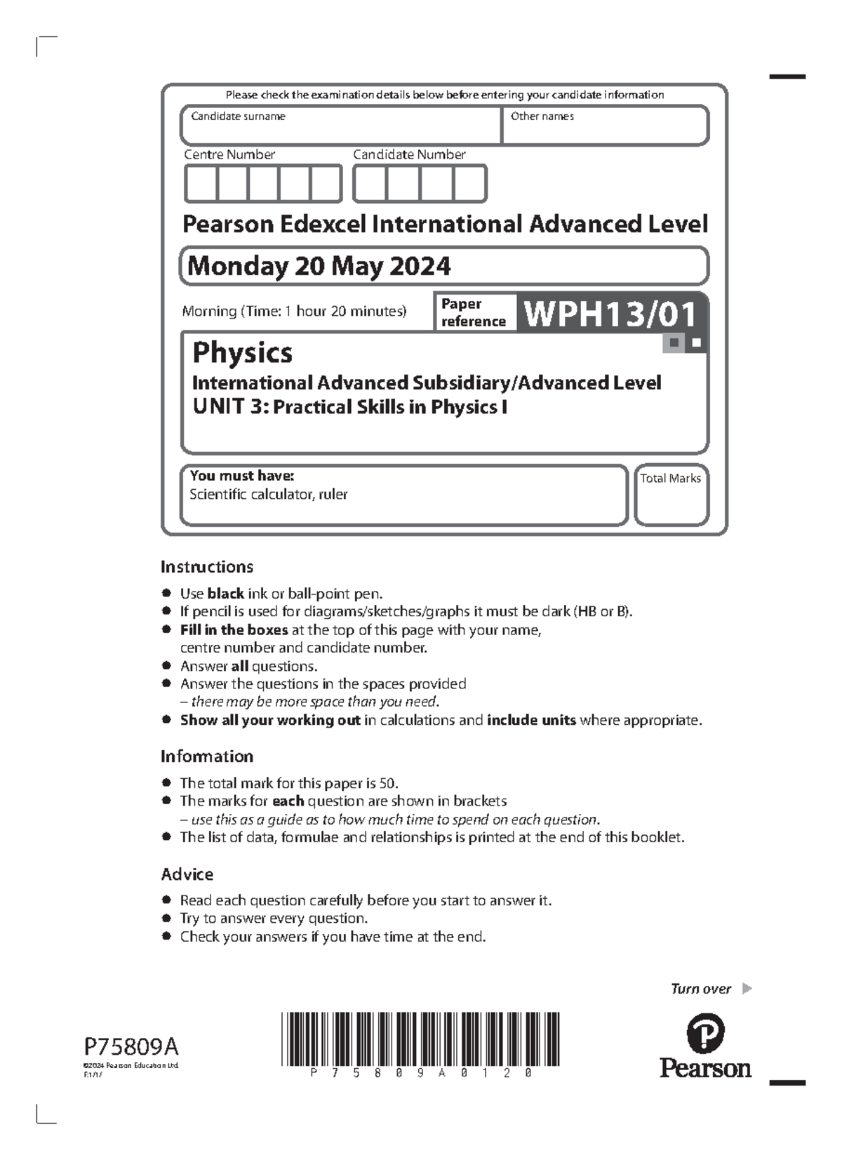 Physics I A Level Unit 3: Practical Skills Exam Paper - May 2024 - Studocu