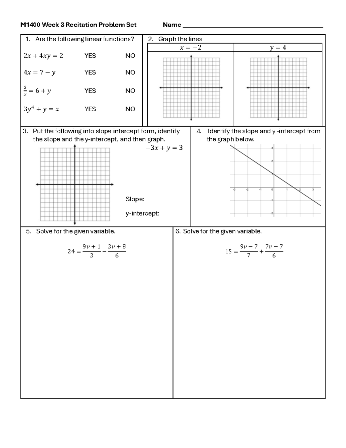 M1400 Recitation Problem Set - Week 3 Linear Functions Analysis - Studocu