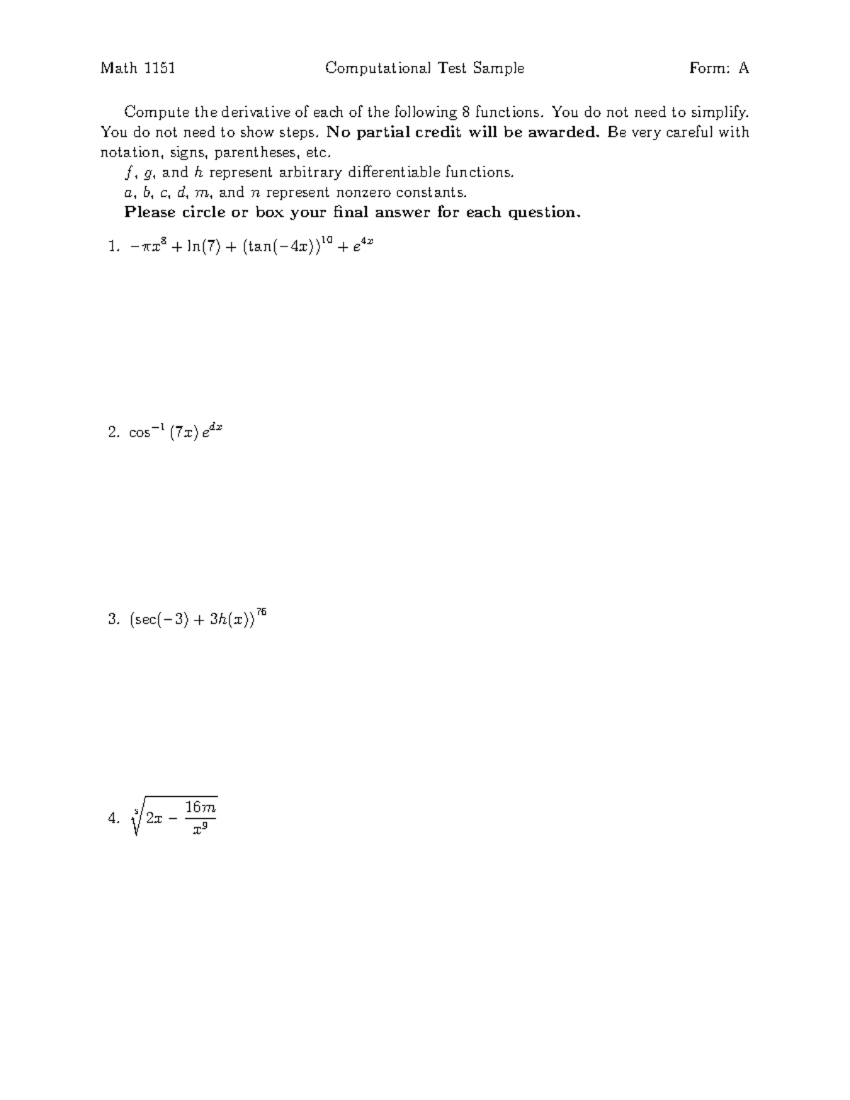 Math 1151CT Computational Test Sample Form A - Derivative Questions ...