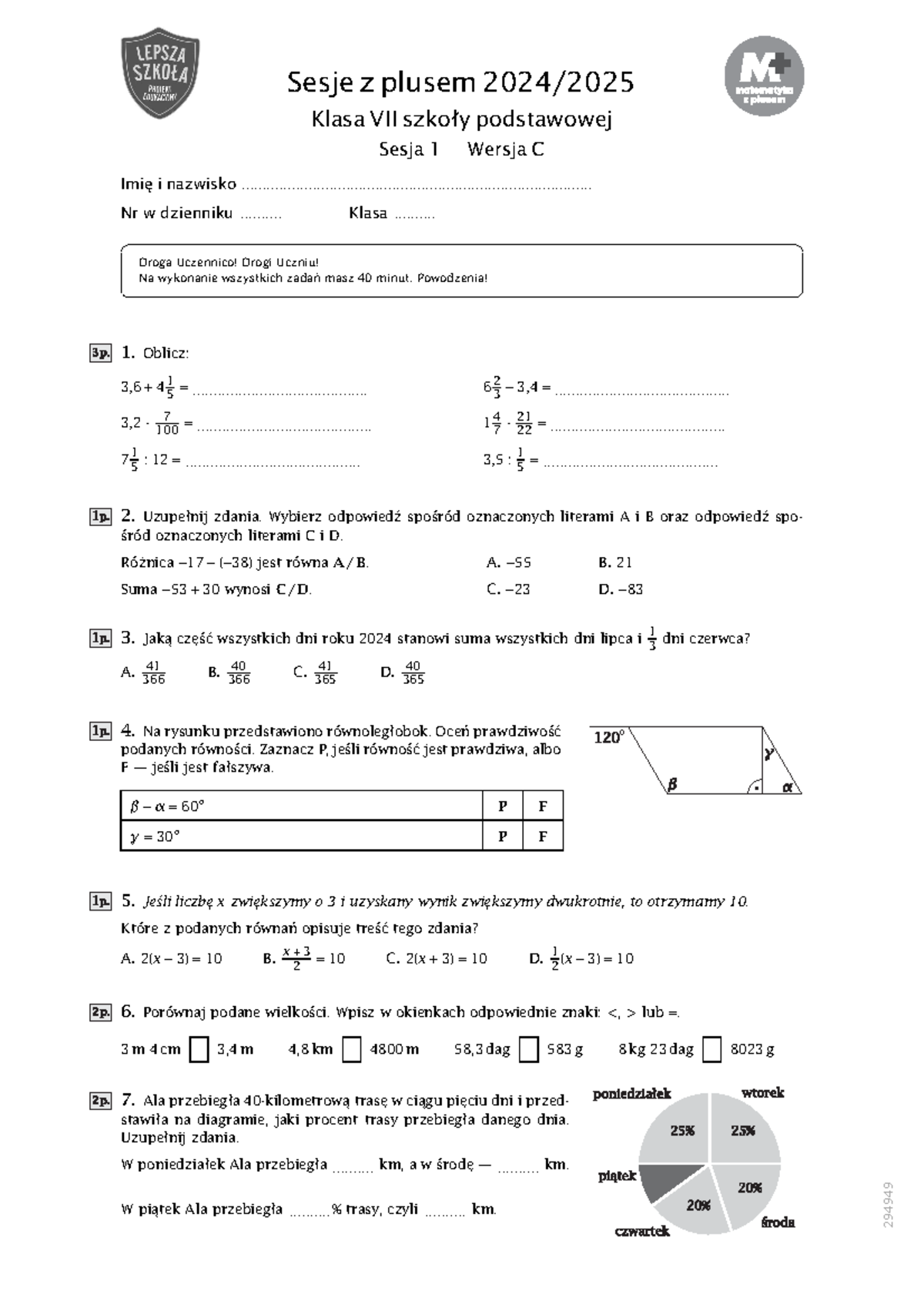 Sesja 1 z Plusem - Klasa VII - Matematyka - 2024 - Studocu