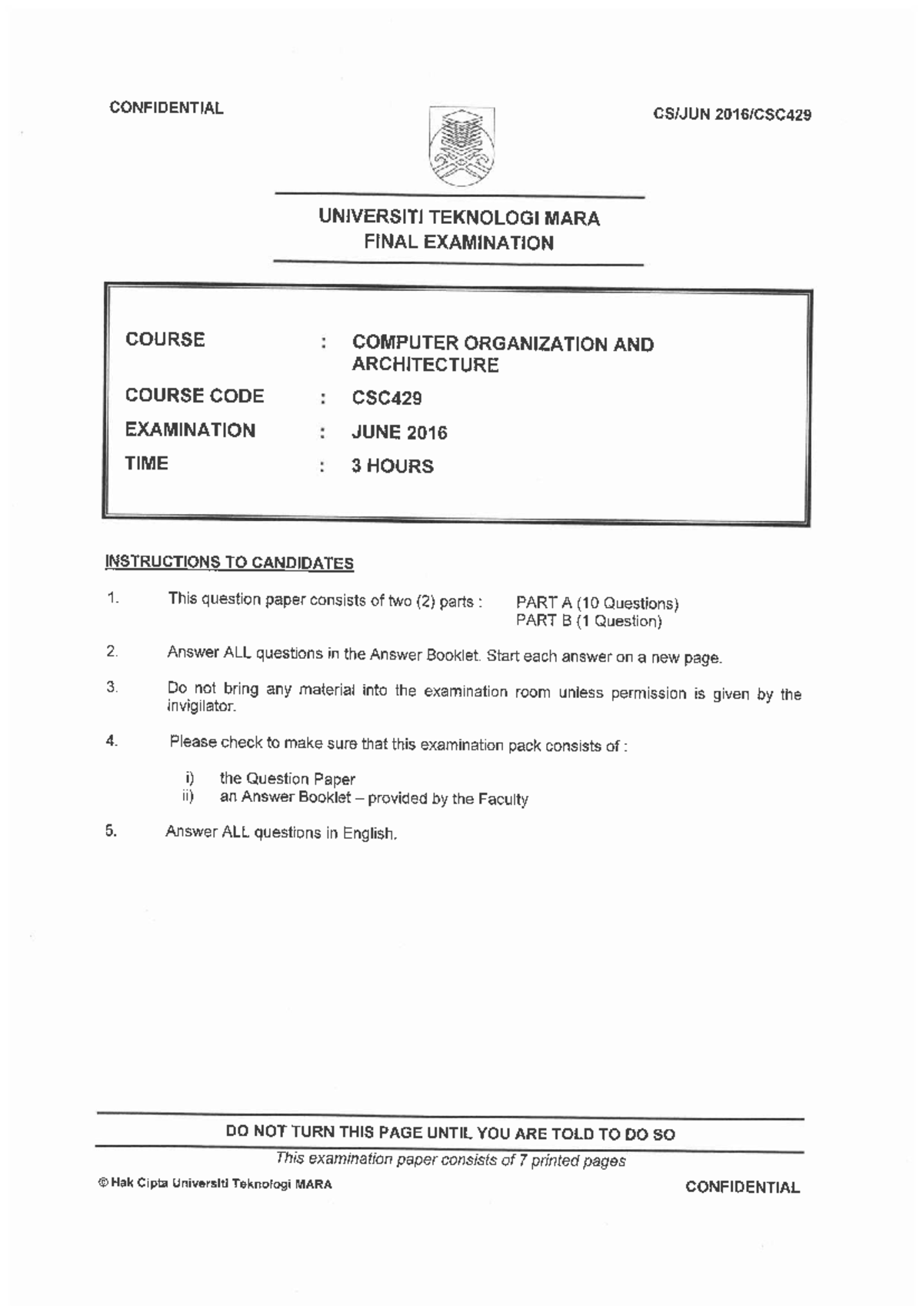 PAST YEAR CSC429 FINAL EXAMINATION - COMPUTER ORGANIZATION ...