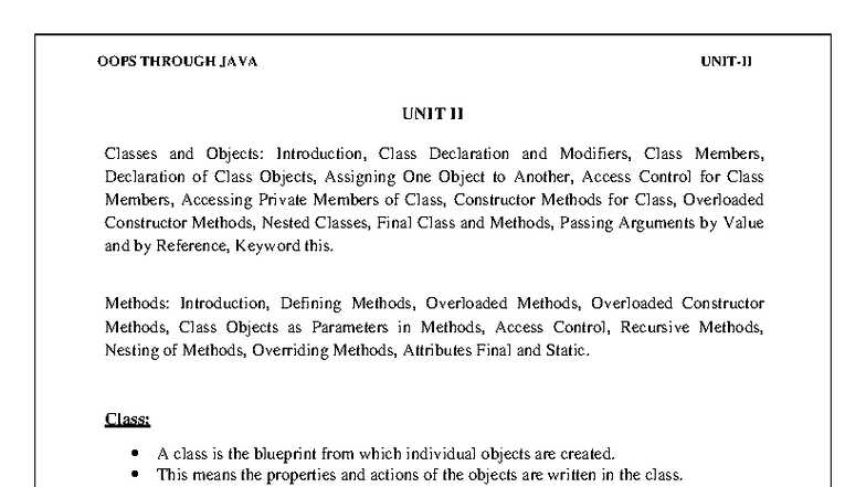 Java - UNIT II: Classes, Objects, and Method Overloading Concepts - Studocu