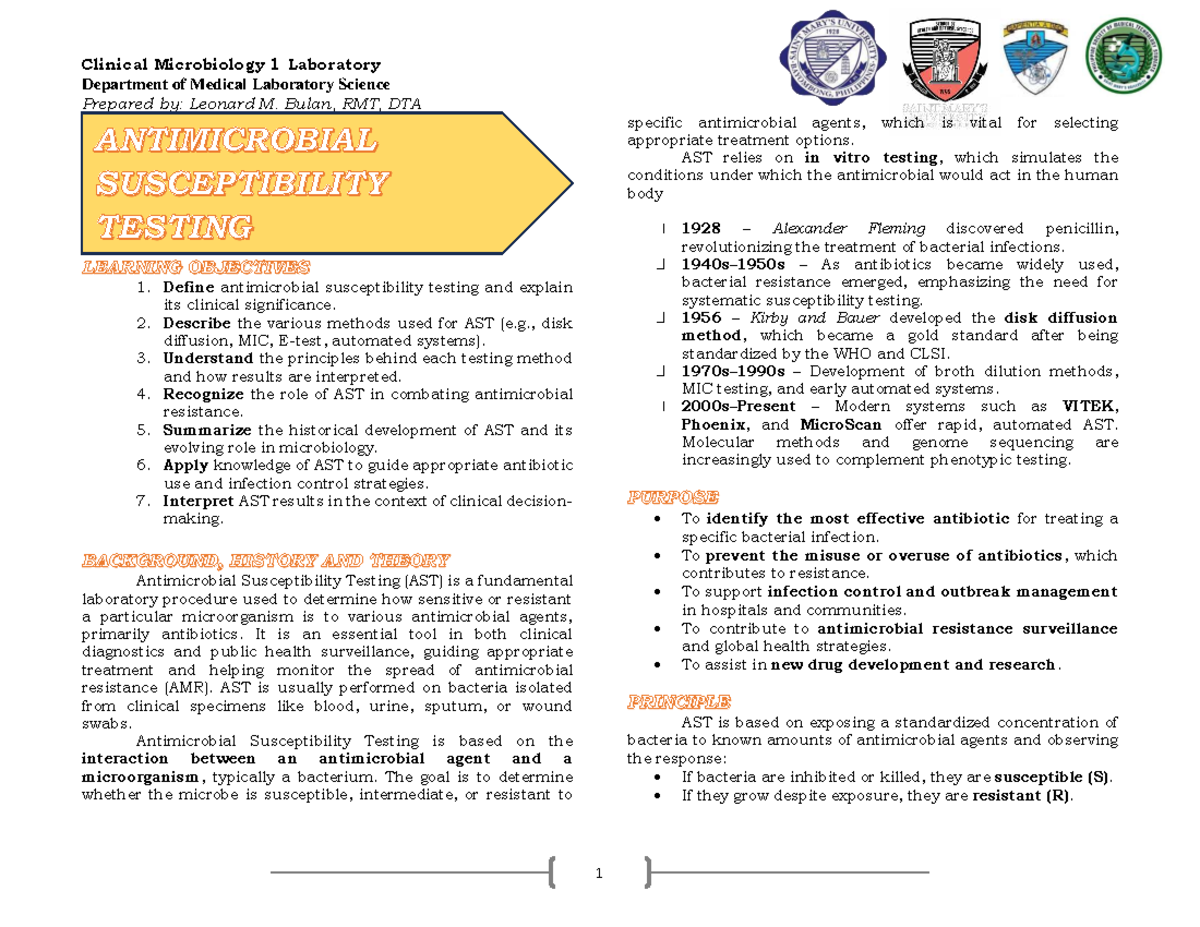 Bacte-LAB Final Exam: Antimicrobial Susceptibility Testing Overview ...