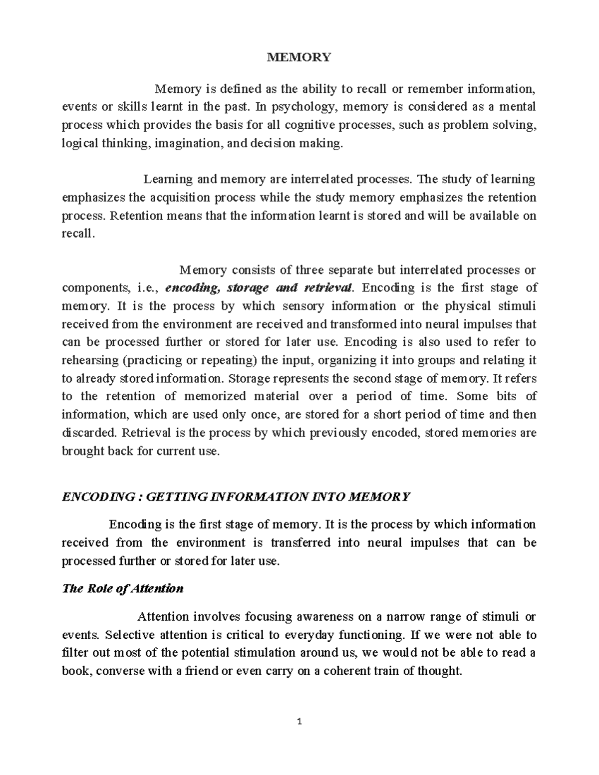 Psych 101: In-Depth Memory Notes - Encoding, Storage, & Retrieval - Studocu