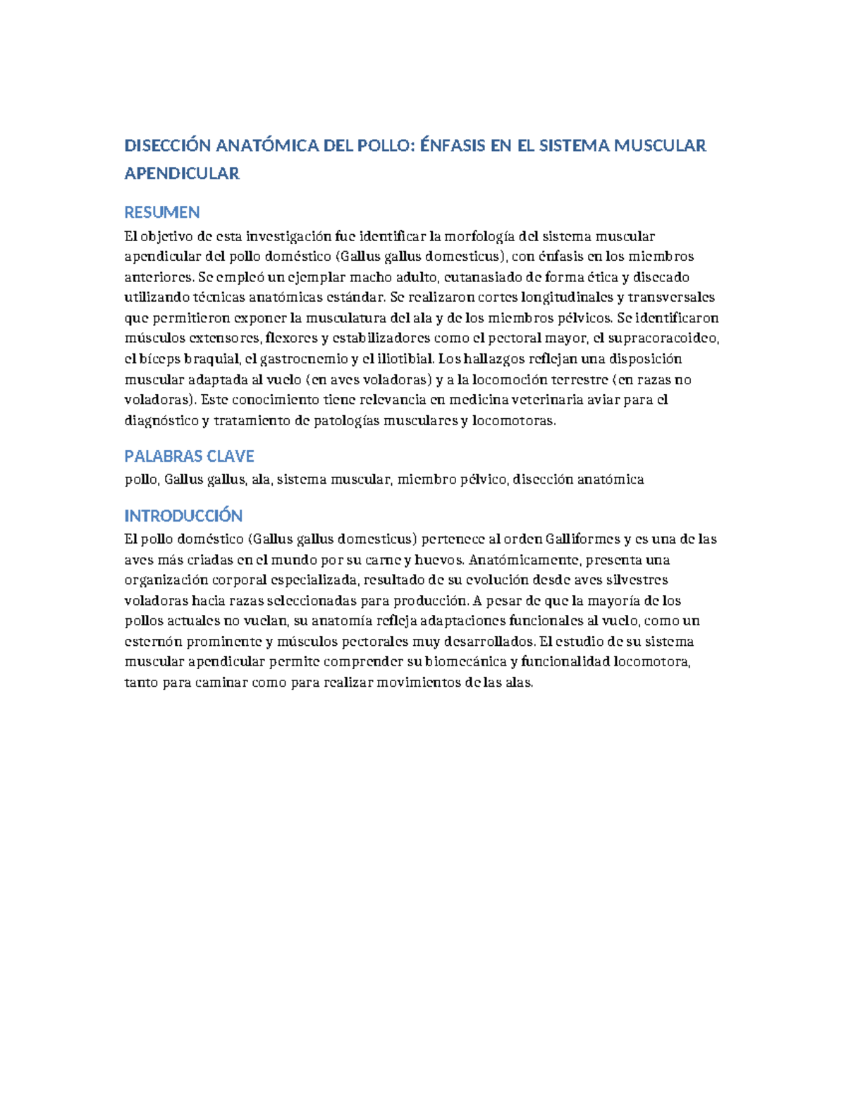 DISECCIÓN ANATÓMICA DEL POLLO: SISTEMA MUSCULAR APENDICULAR - Studocu