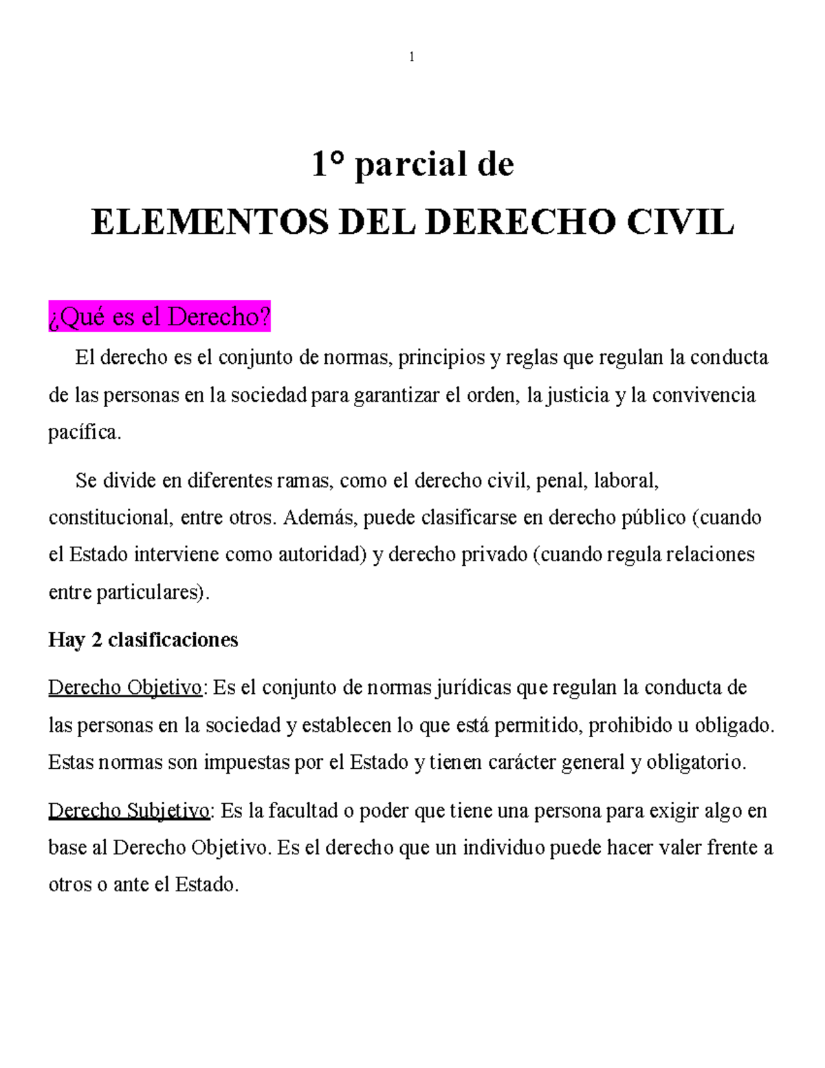Parcial Elementos DEL Derecho CVIL - 1° parcial de ELEMENTOS DEL ...