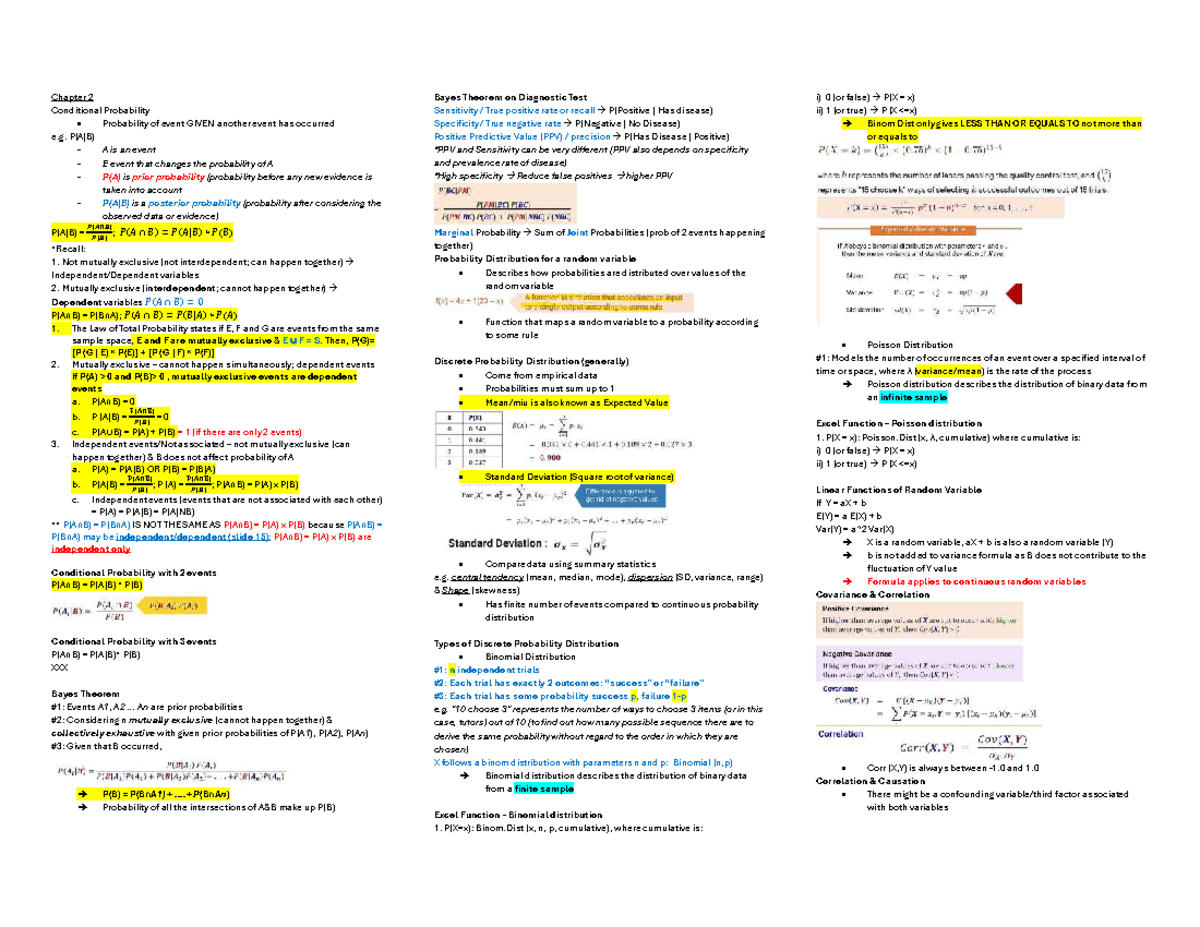 Cheatsheet: Chapter 2 Conditional Probability (Final Exam) - Studocu