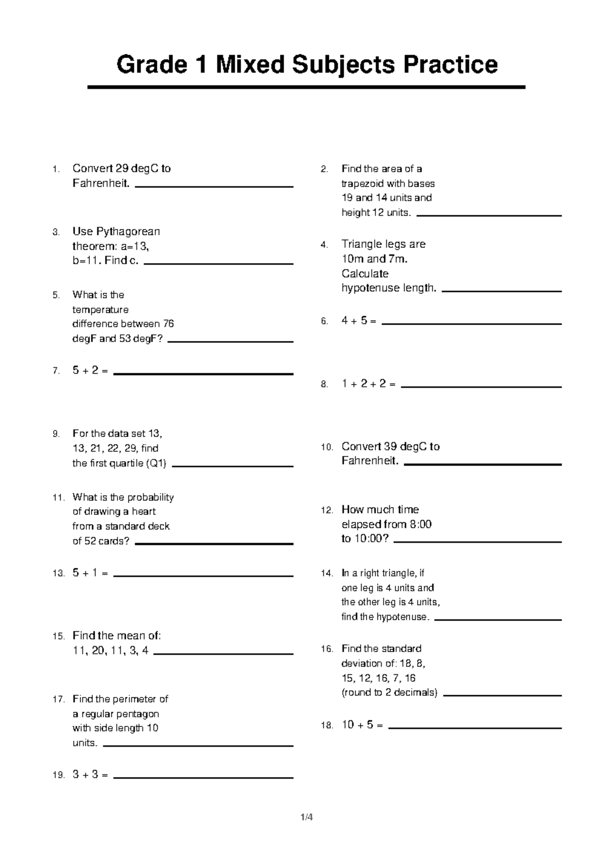 Grade 1 Math Practice: Mixed Subjects & Conversions - Studocu