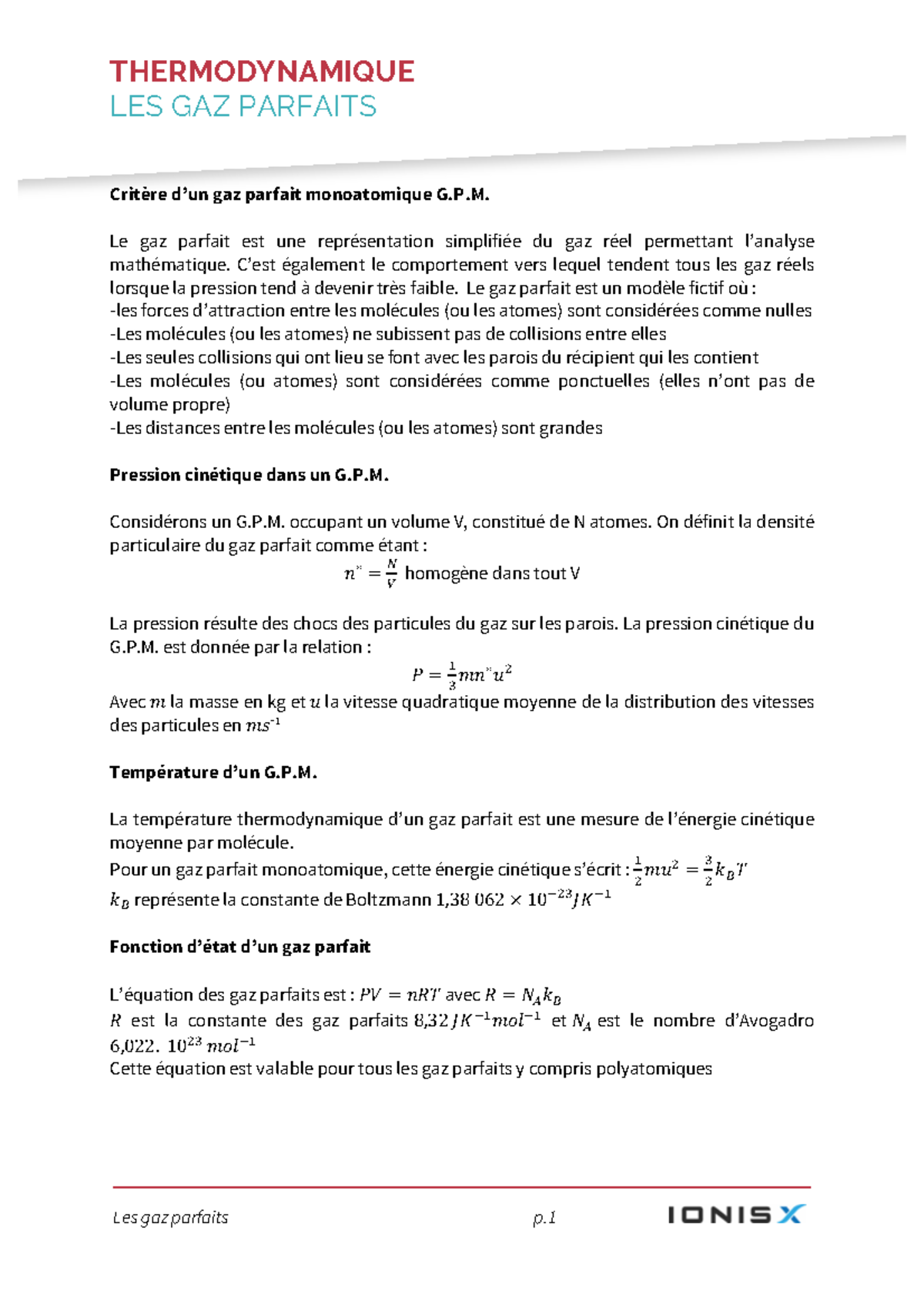 Les gaz parfaits - THERMODYNAMIQUE LES GAZ PARFAITS Critère d’un gaz ...