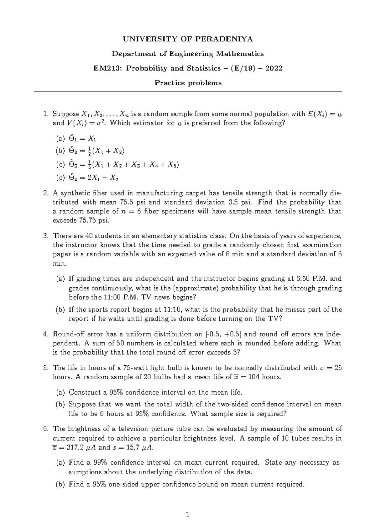 EM213: Probability and Statistics 2022 Practice Problems - Studocu