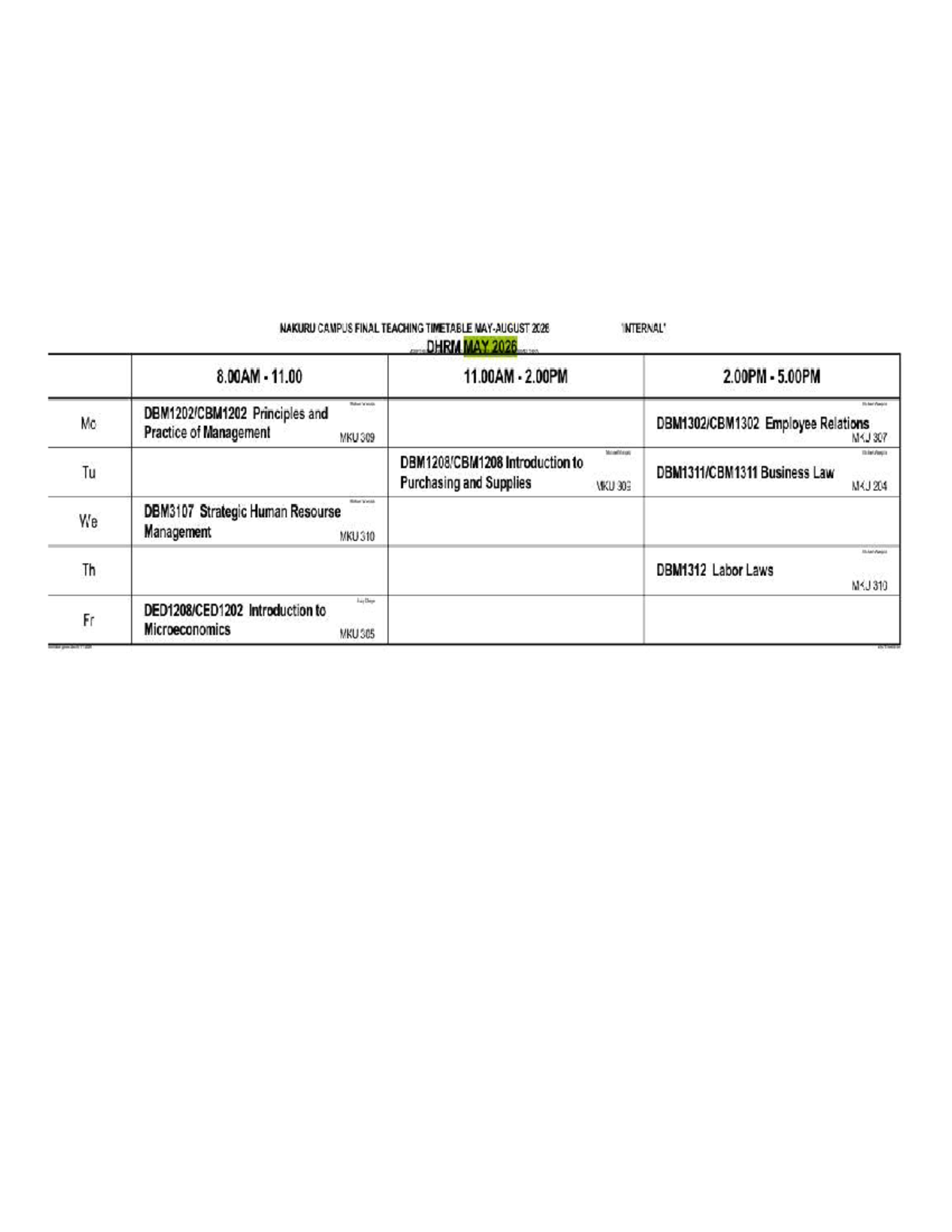 NAKURU CAMPUS FINAL TEACHING TIMETABLE MAY 2026 BBIT BIT Sem 1 - Studocu