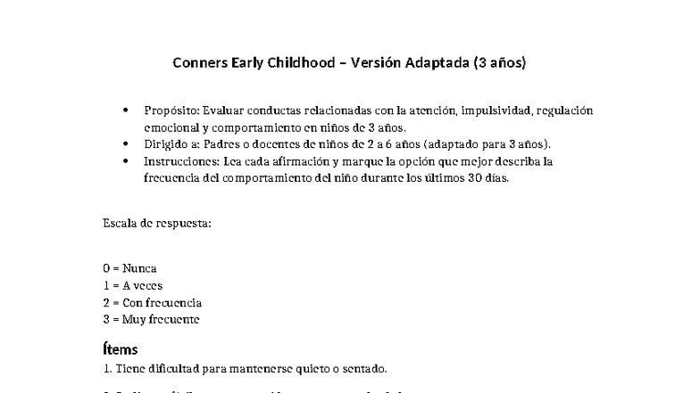 Test Conners Early Childhood 3 Años - Evaluación de Conductas - Studocu