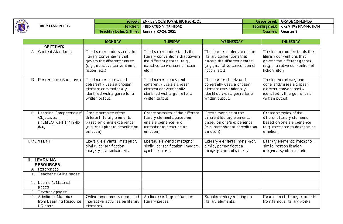 Creative Nonfiction Lesson Plan - Grade Level Q2 - Studocu