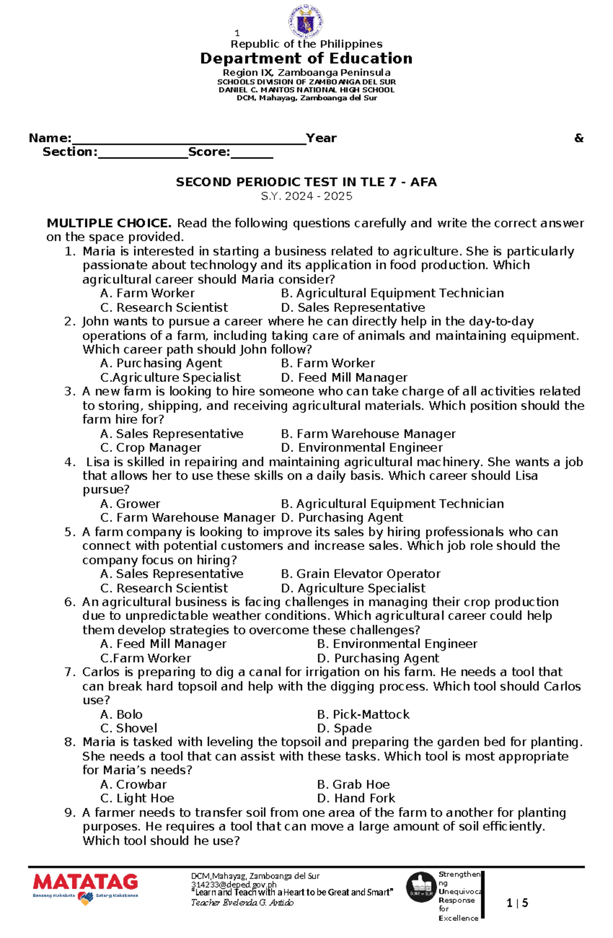 TLE 7 AFA S.Y. 2024-2025 Second Periodic Test - Multiple Choice ...