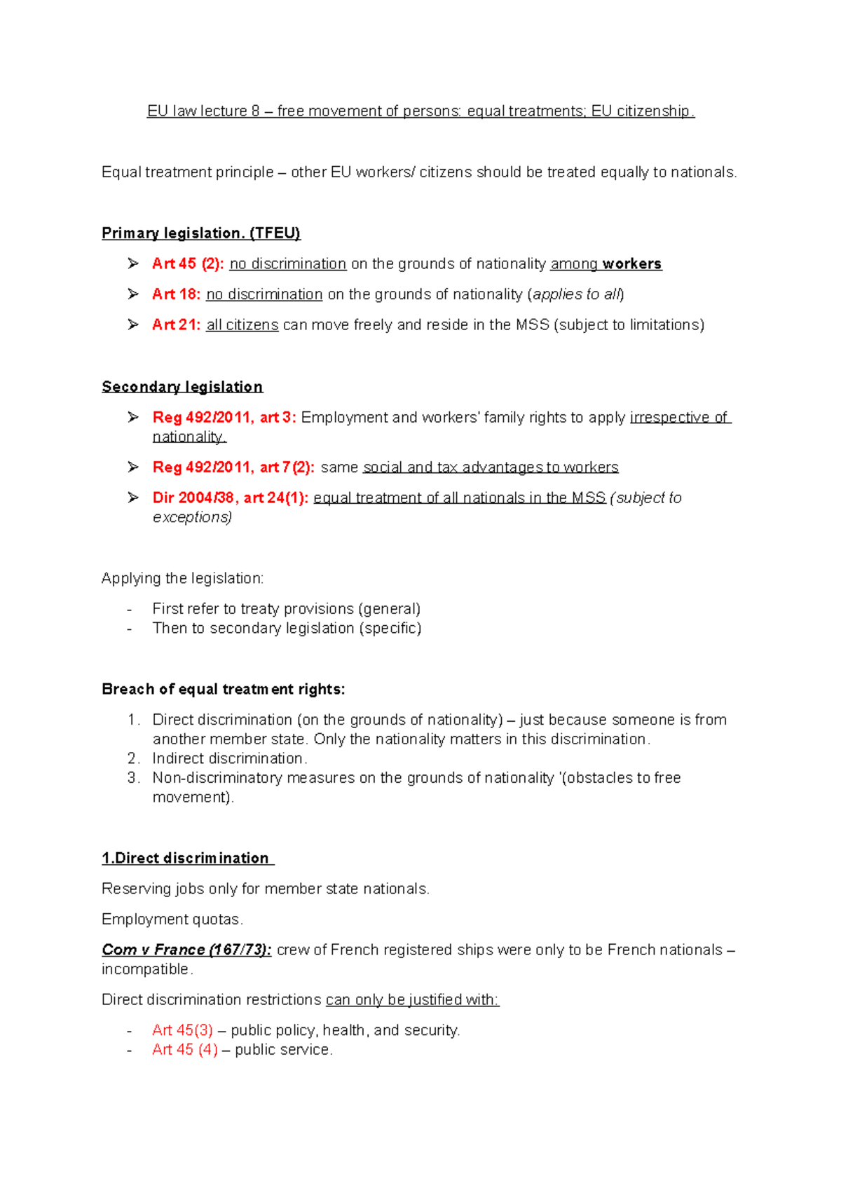 Lecture 8 Notes: Free Movement of Persons & EU Citizenship (EU Law ...
