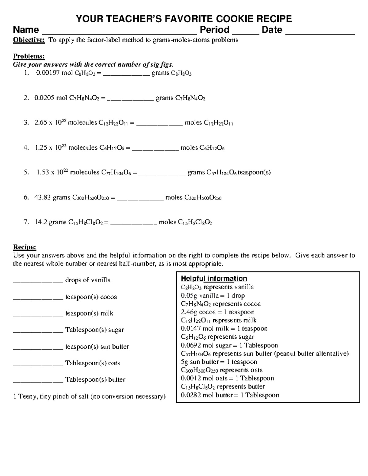 Cookie Lab: Gram-Mole-Molecule Conversions for Recipes - Studocu